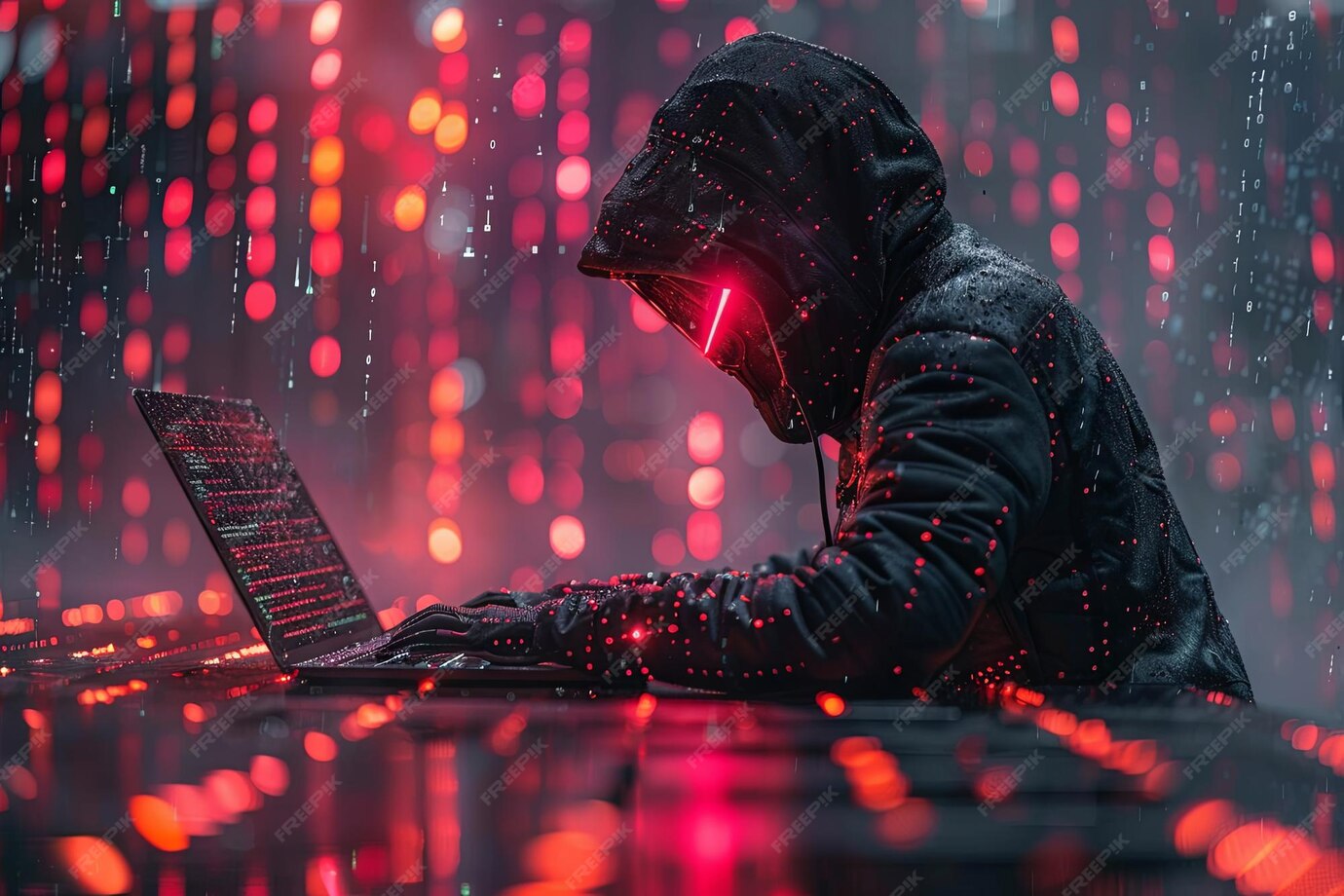 Premium Photo | Hacker in a hood using a laptop coding and data on a ...