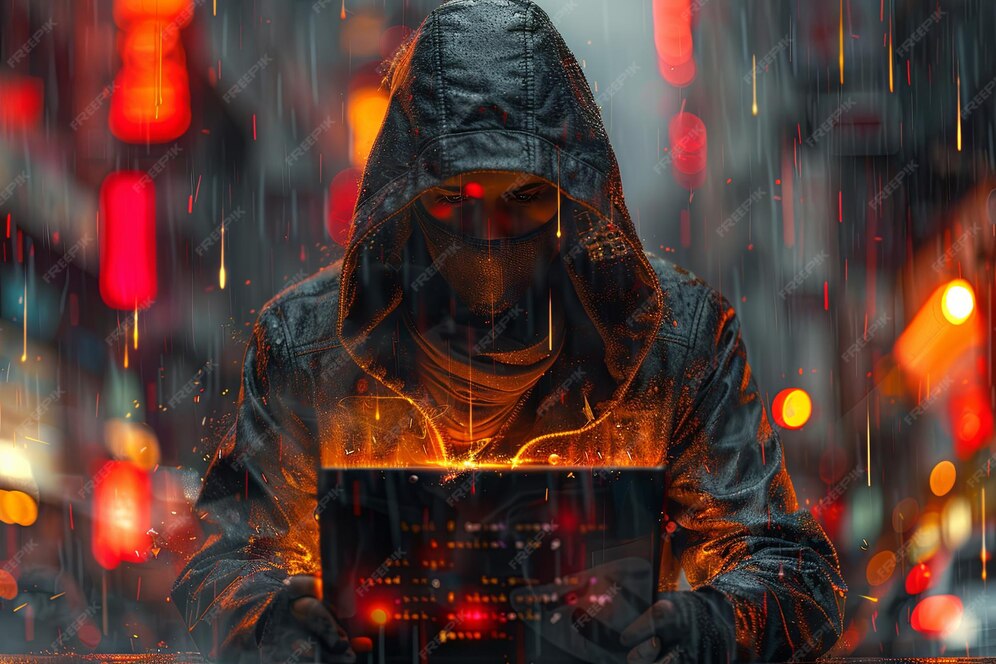 Premium Photo | Hacker in a hood using a laptop coding and data on a ...