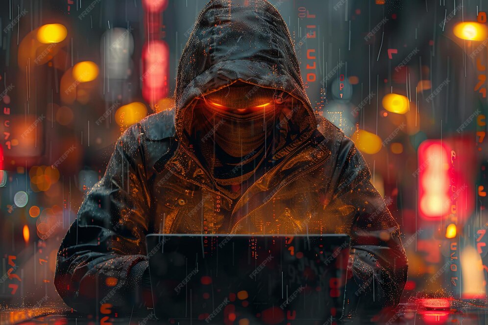 Premium Photo | Hacker in a hood using a laptop coding and data on a ...