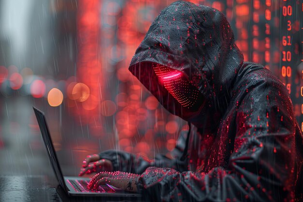 Hacker in a hood using a laptop coding and data on a code background ...