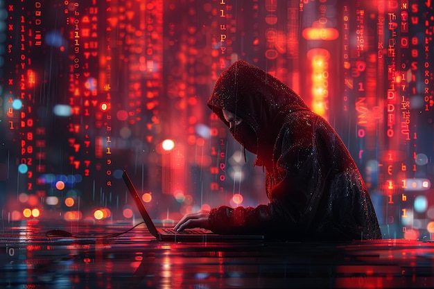 Premium Photo | Hacker in a hood using a laptop coding and data on a code background Digital ...
