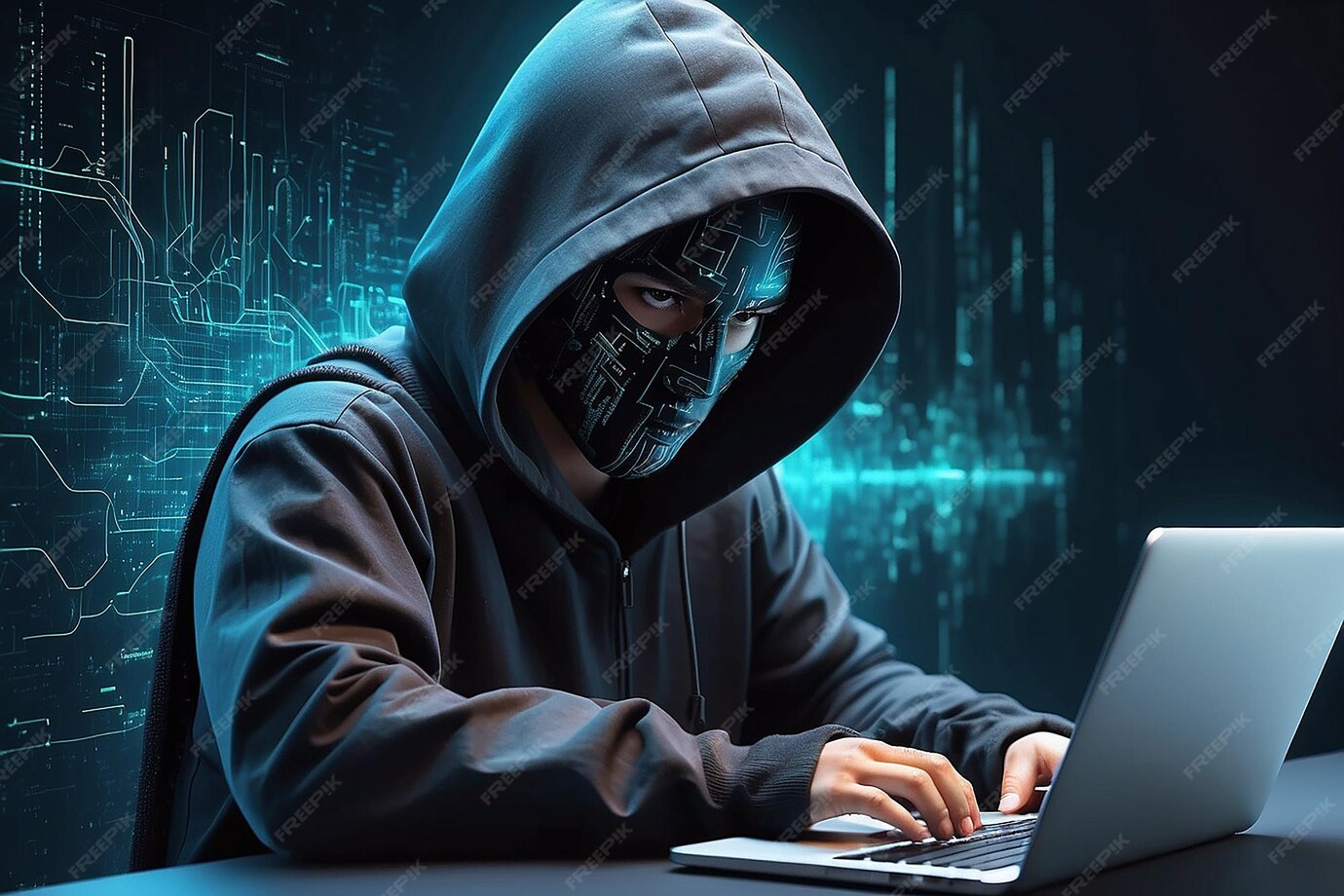 Premium Photo | Hacker in a hood using a laptop coding and data on a ...