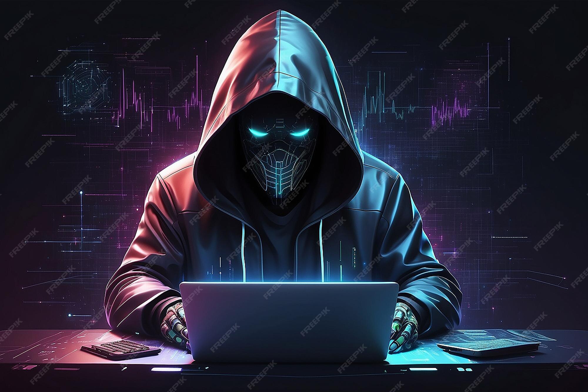 Premium Photo | Hacker in a hood using a laptop coding and data on a ...