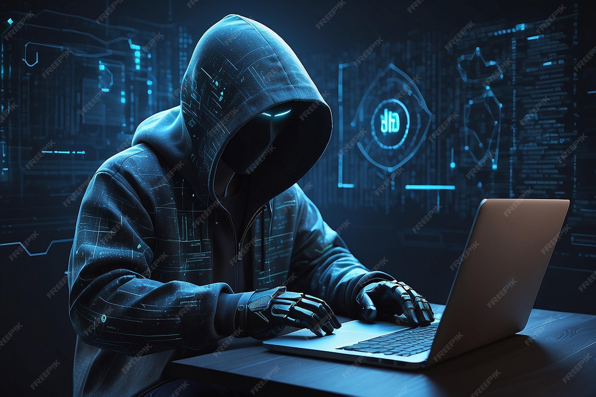 Premium Photo | Hacker in a hood using a laptop coding and data on a ...