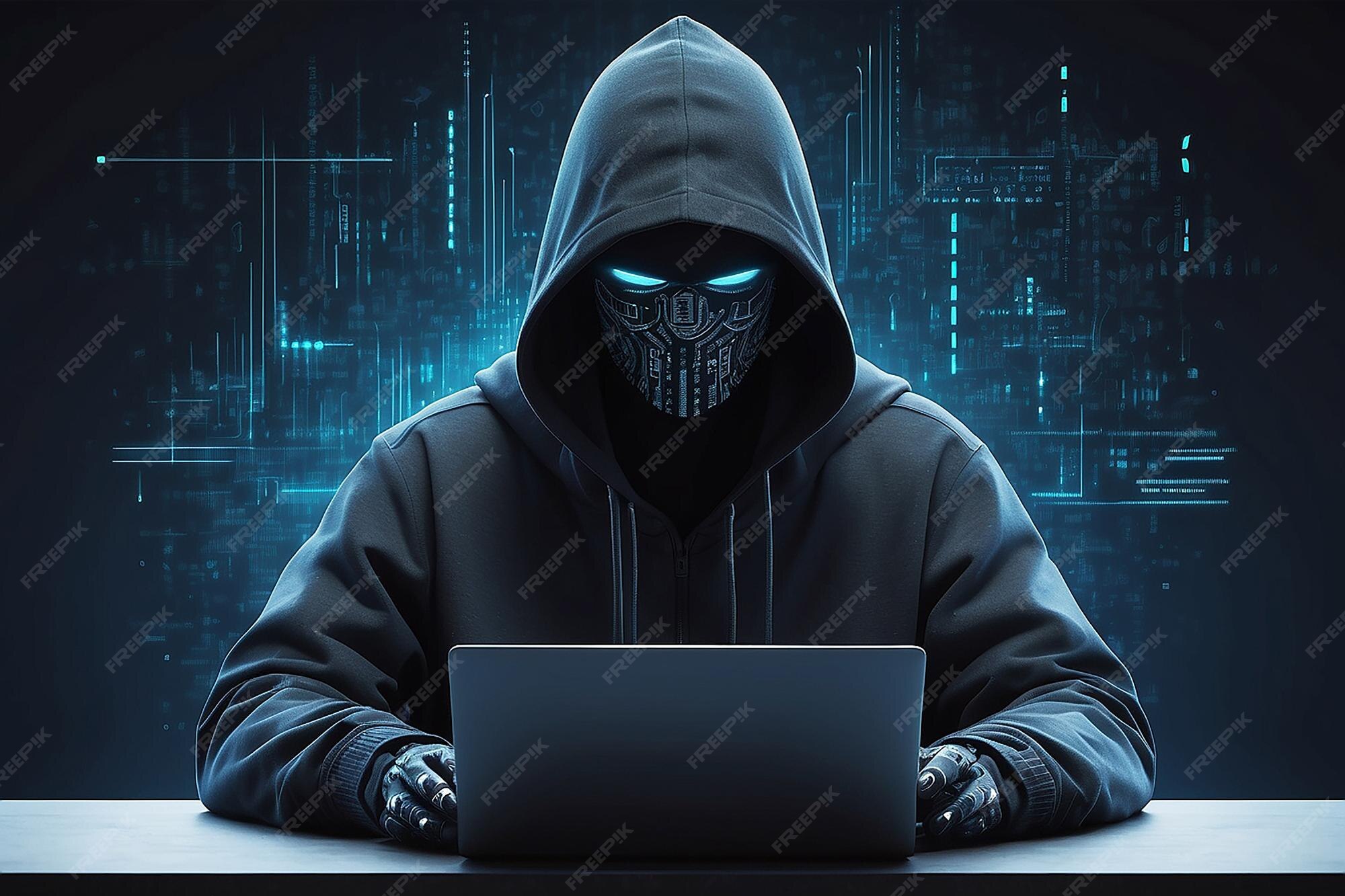 Premium Photo | Hacker in a hood using a laptop coding and data on a ...
