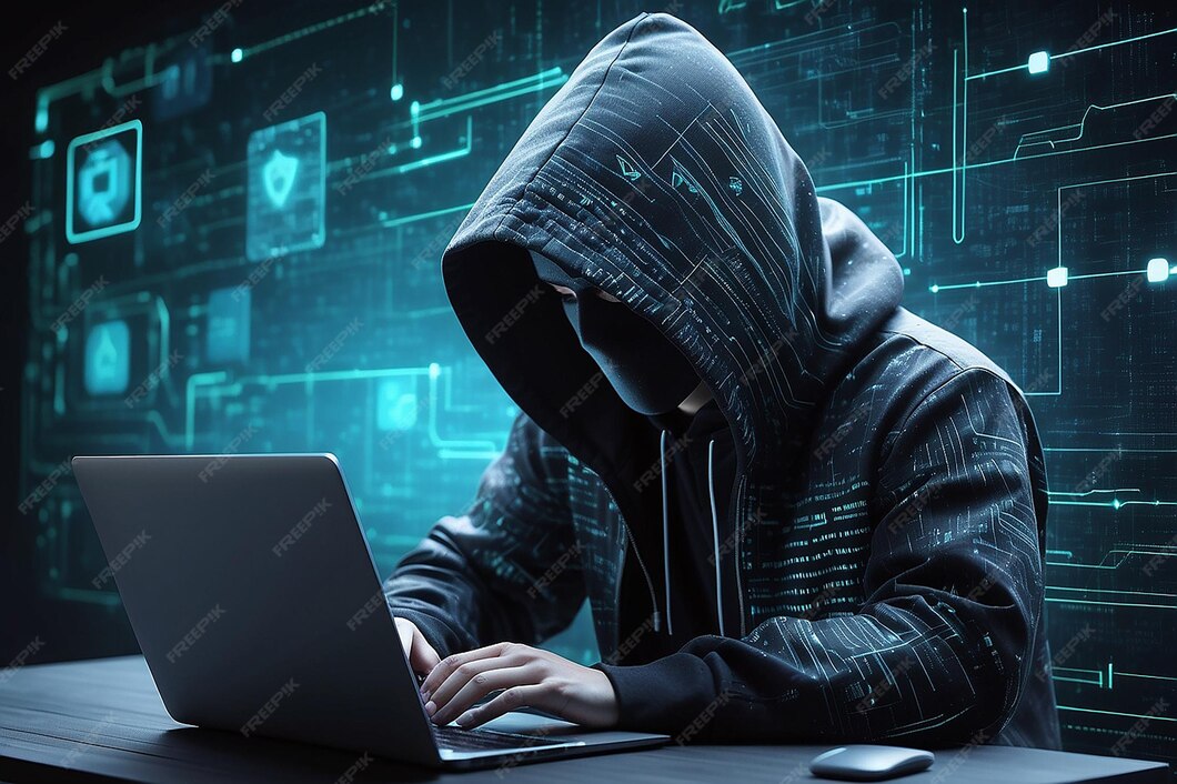 Premium Photo | Hacker in a hood using a laptop coding and data on a ...