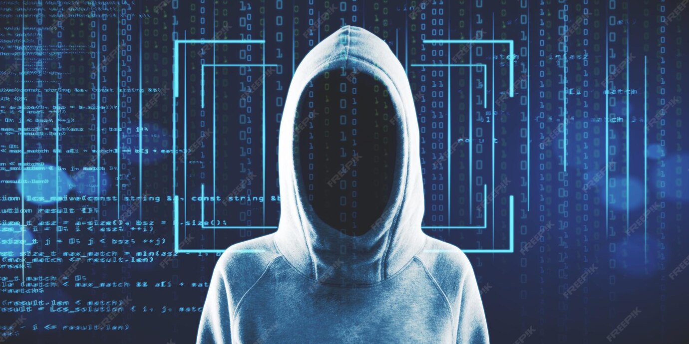 Premium Photo | Hacker in hoodie standing on abstract binary code background with face ...