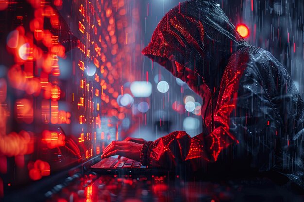 Premium Photo Hacker In Hoodie With Laptop And Code Background Double Exposure Cyber Attack