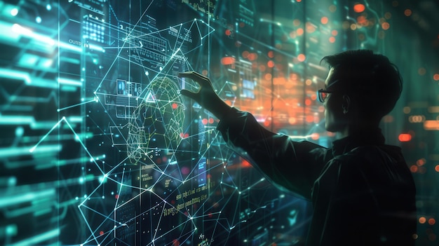 A hacker interacts with a complex digital interface exploring data visuals in a dimly lit ...