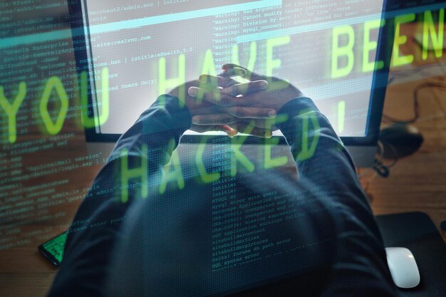 Premium Photo Hacker Man Hands And Computer Screen For Software Hacking Coding Or Programming