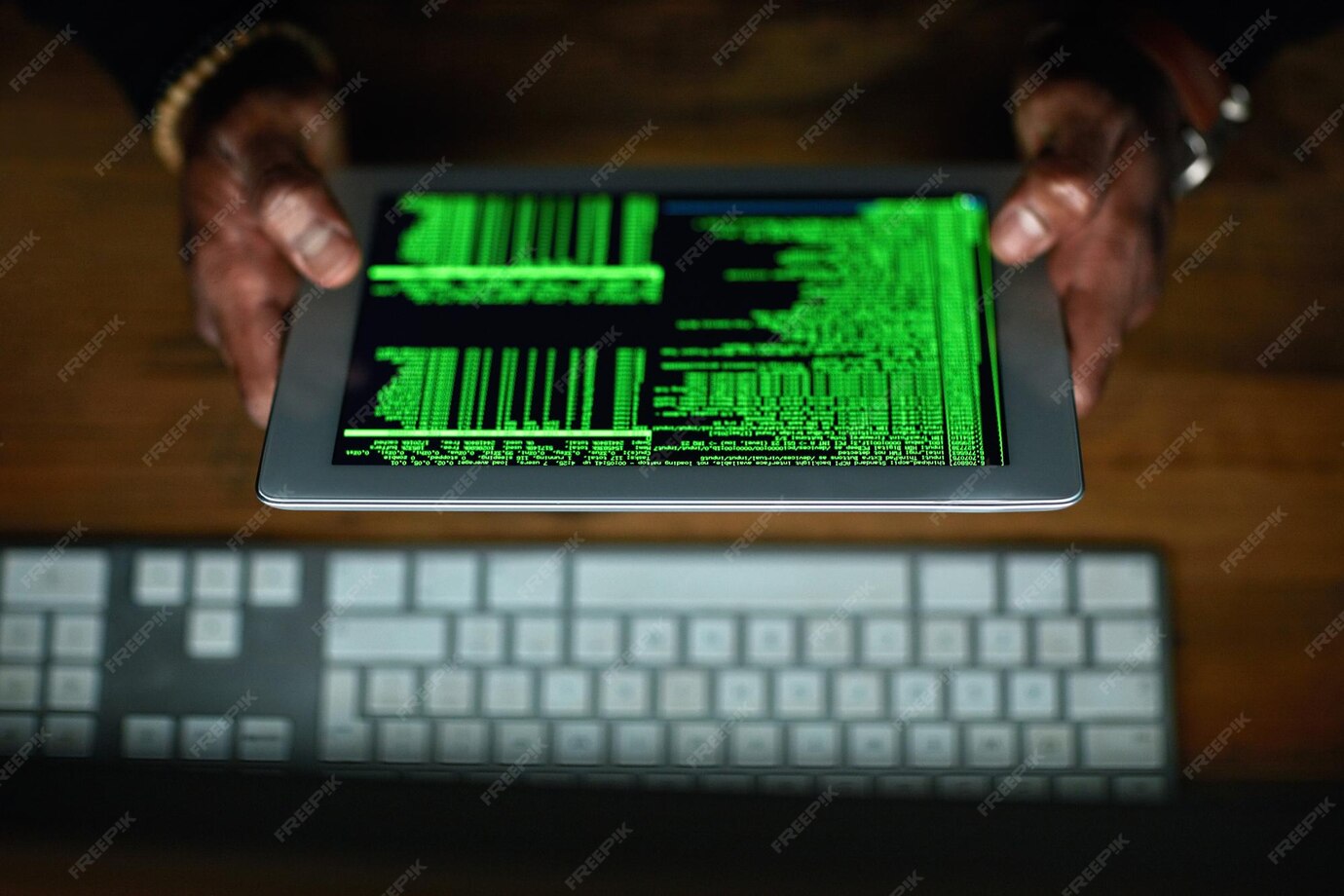 Premium Photo | Hacker man hands and tablet screen for software data ...