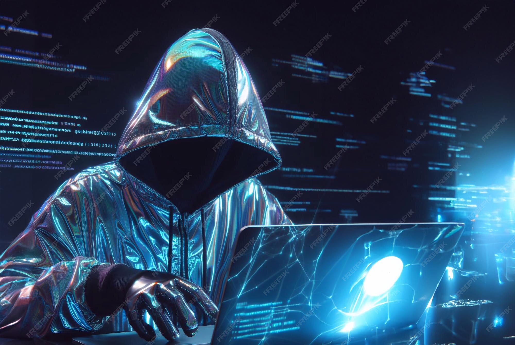 Premium Photo | Hacker in mysterious looking hood is using hologram ...