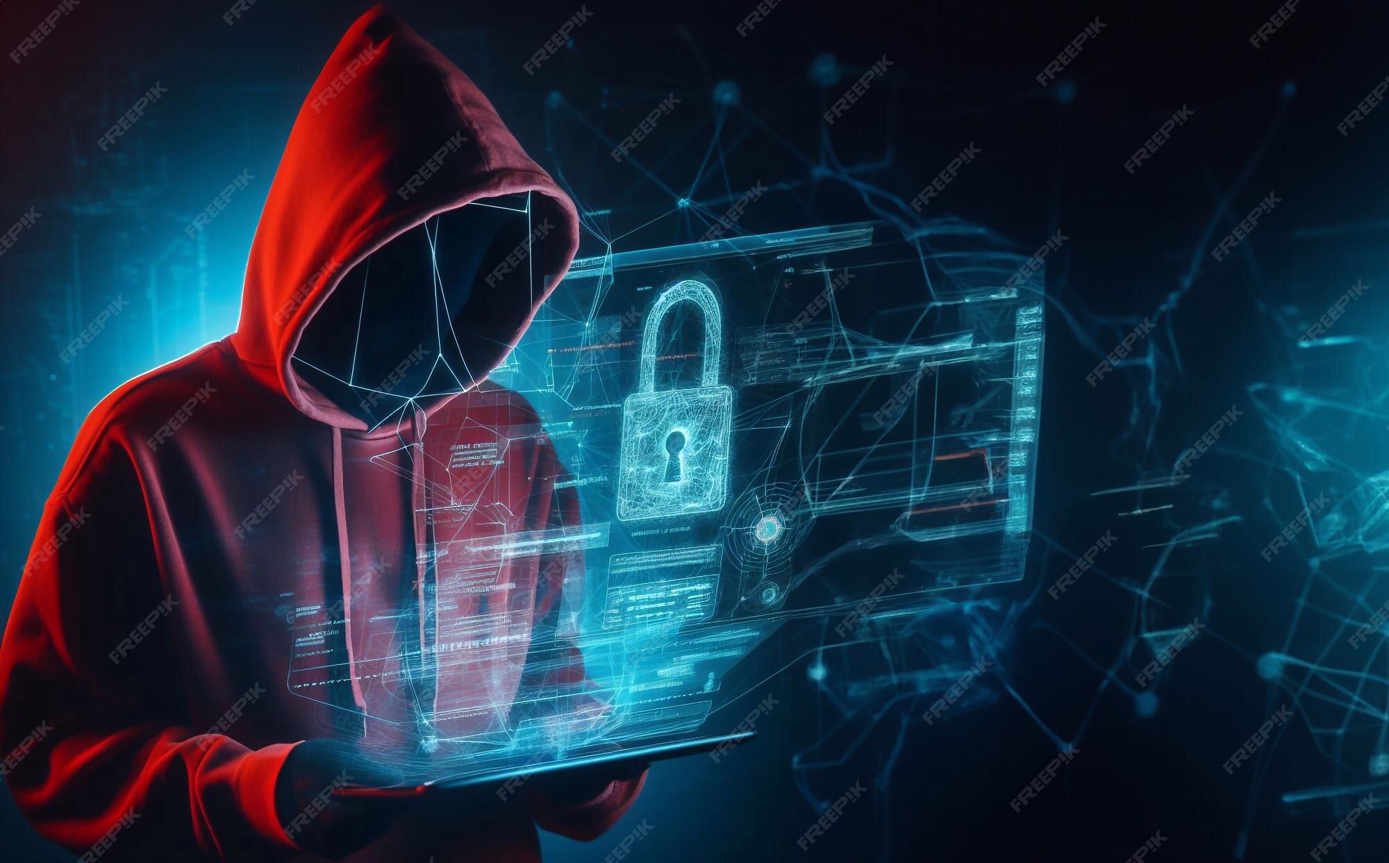 Premium Photo | Hacker in mysterious looking hood is using hologram ...