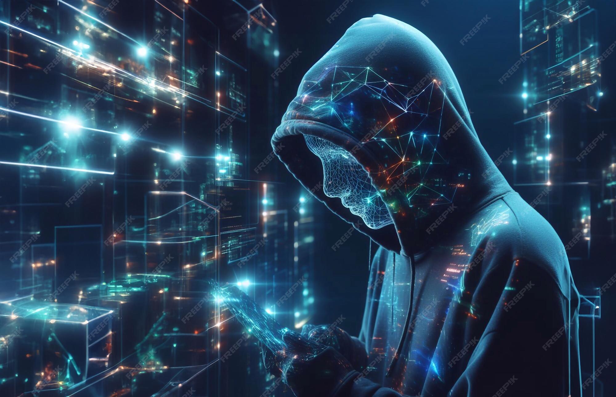 Premium Photo | Hacker in mysterious looking hood is using hologram ...