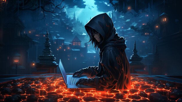 Hacker Programmer Using Computer With Abstract Html Code Safety And
