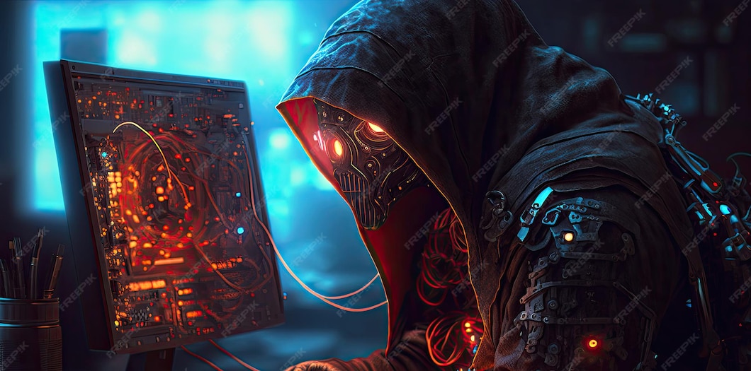 Premium Photo | Hacker robot hacks into a computer cyborg of future is working at computer ...