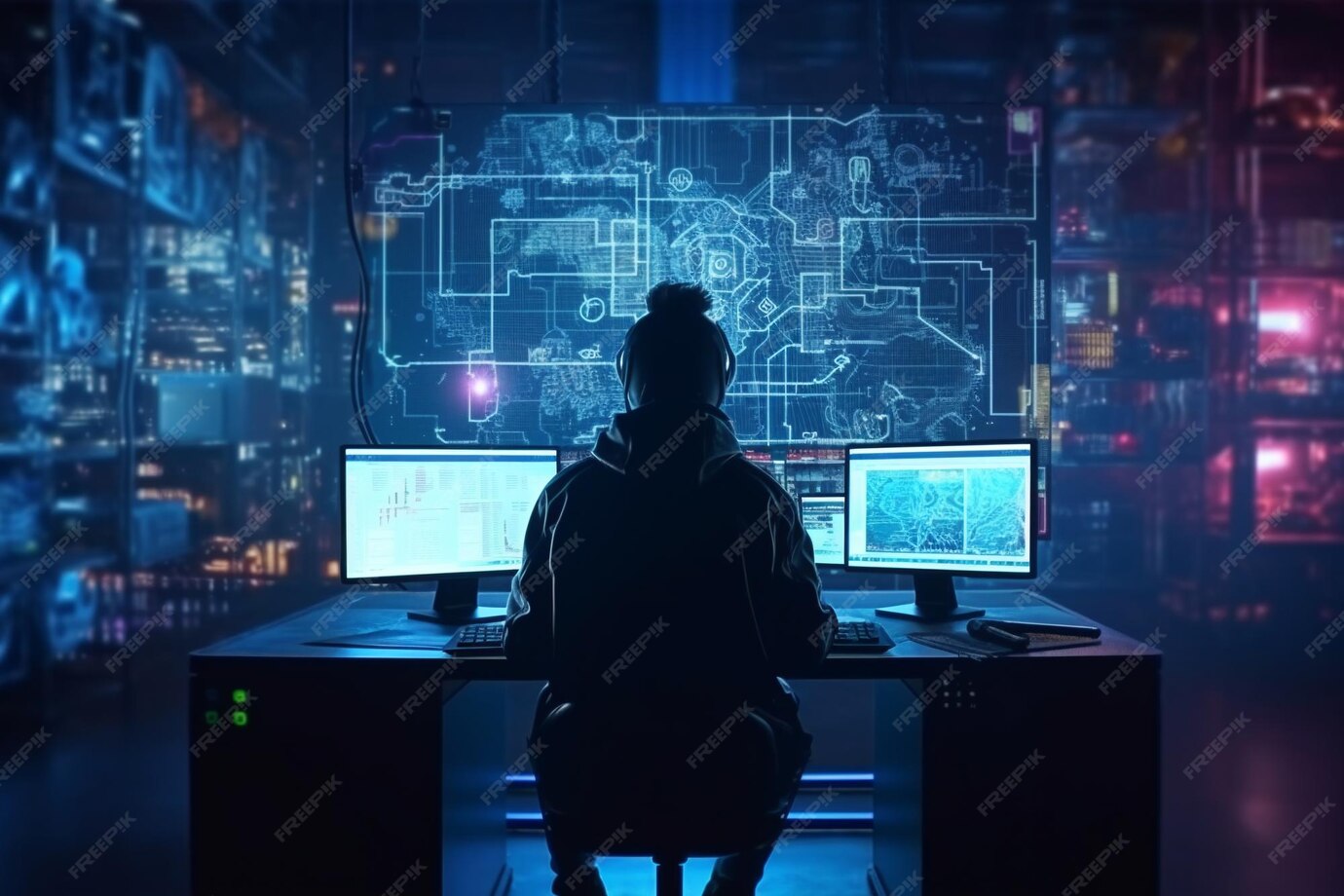 Premium Ai Image Hacker Silhouette Computer Code Faceless Male Hacker In Front Of Animated