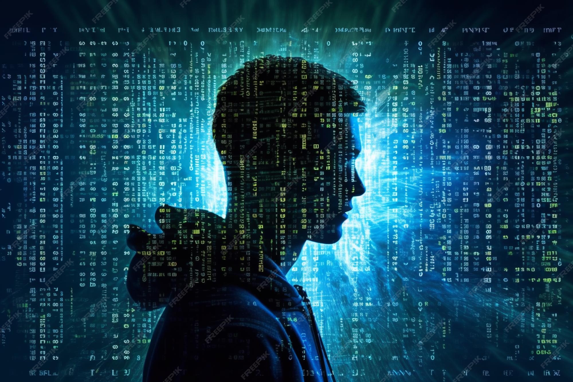 Premium Ai Image Hacker Silhouette Computer Code Faceless Male Hacker In Front Of Animated