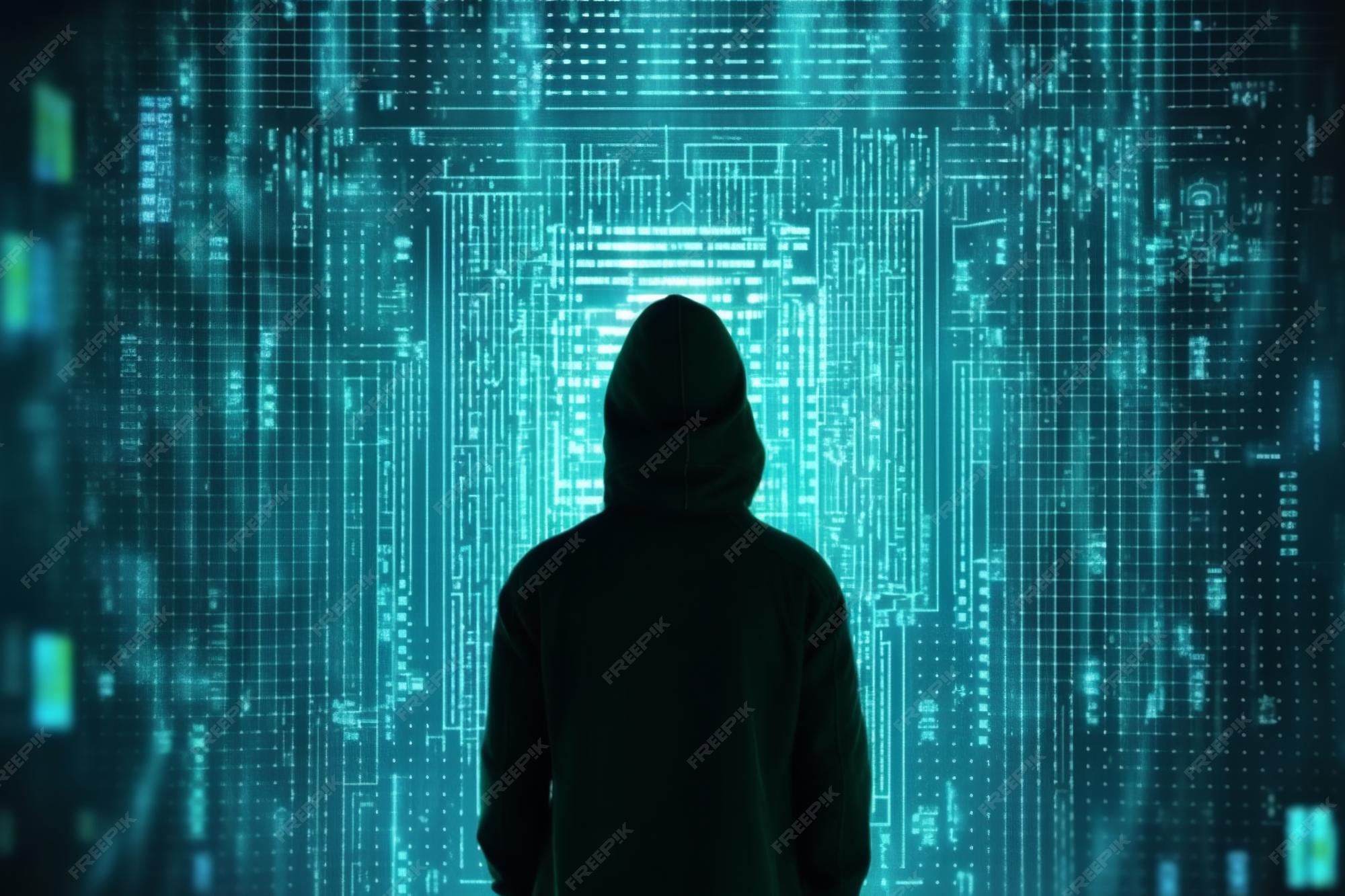Hacker silhouette computer code faceless male hacker in front of ...