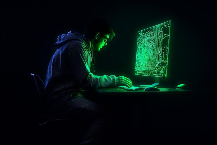 Premium Ai Image Hacker Silhouette Computer Code Faceless Male Hacker In Front Of Animated