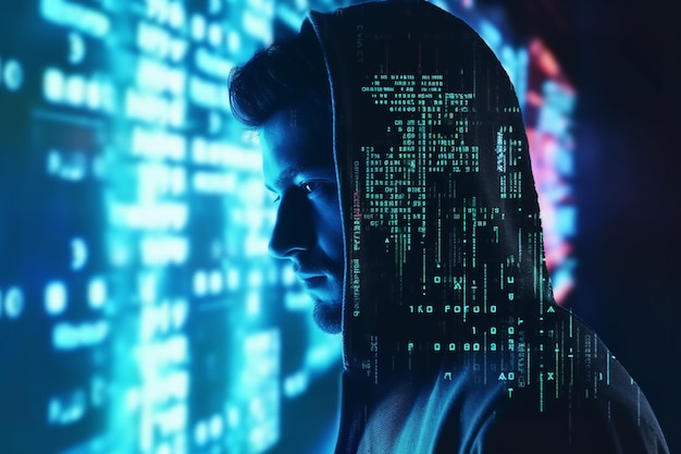Premium Ai Image Hacker Silhouette Computer Code Faceless Male Hacker In Front Of Animated