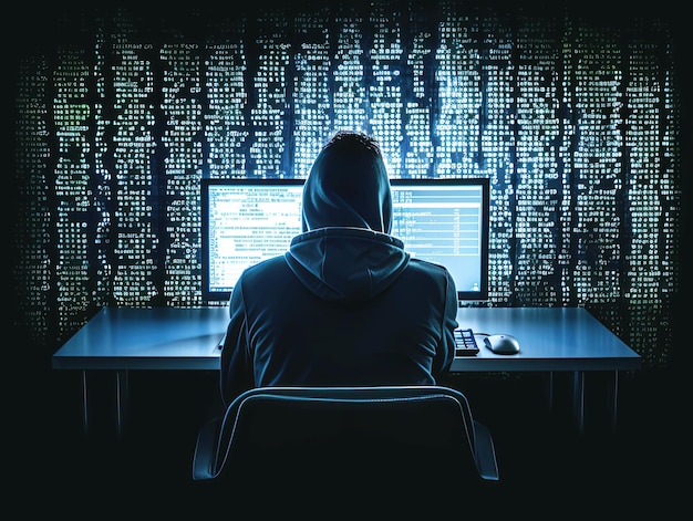 Premium Photo | Hacker sitting in front of computer screen with binary code Hacking concept ...