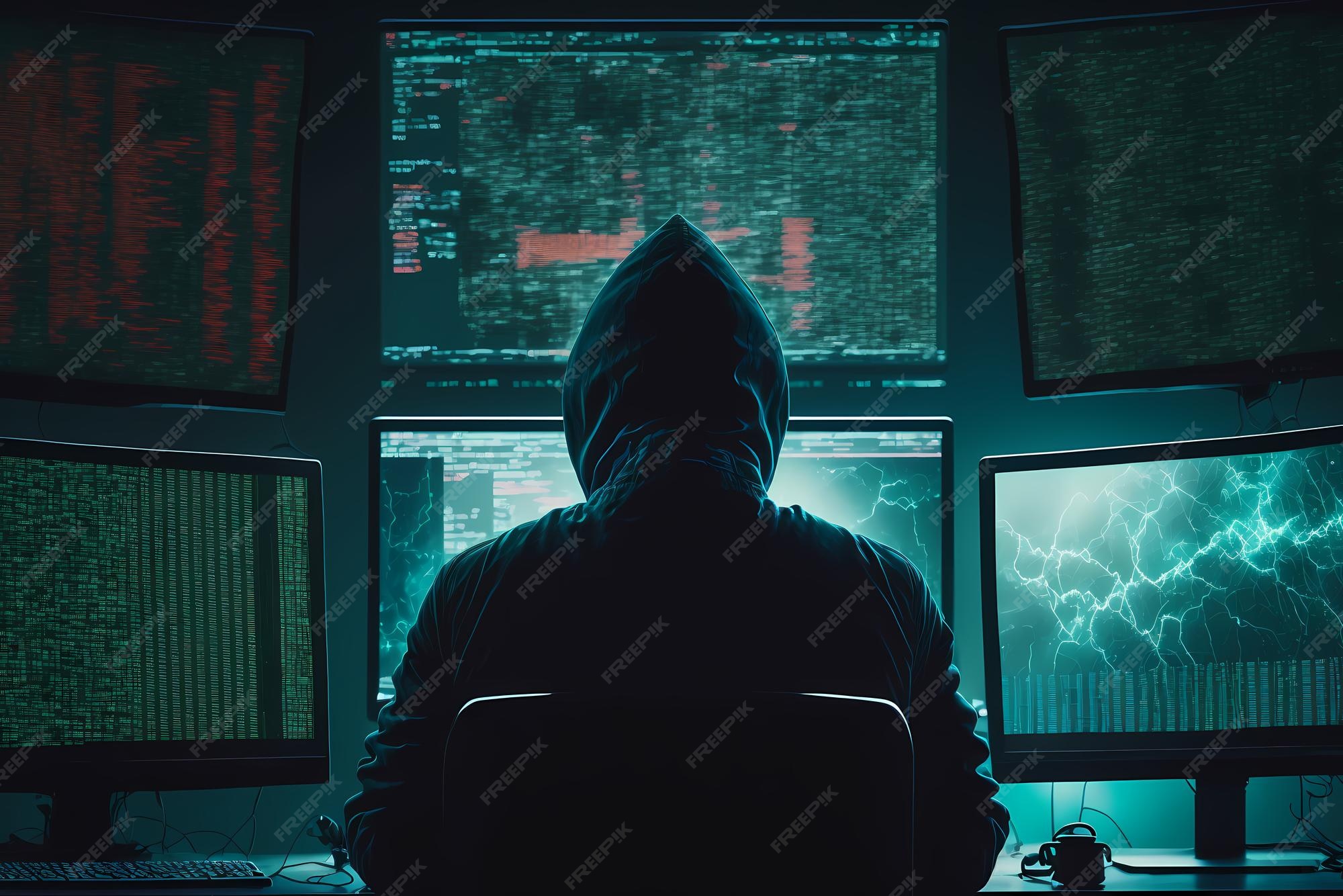 Premium Photo | Hacker sitting in front of computer screen with ...