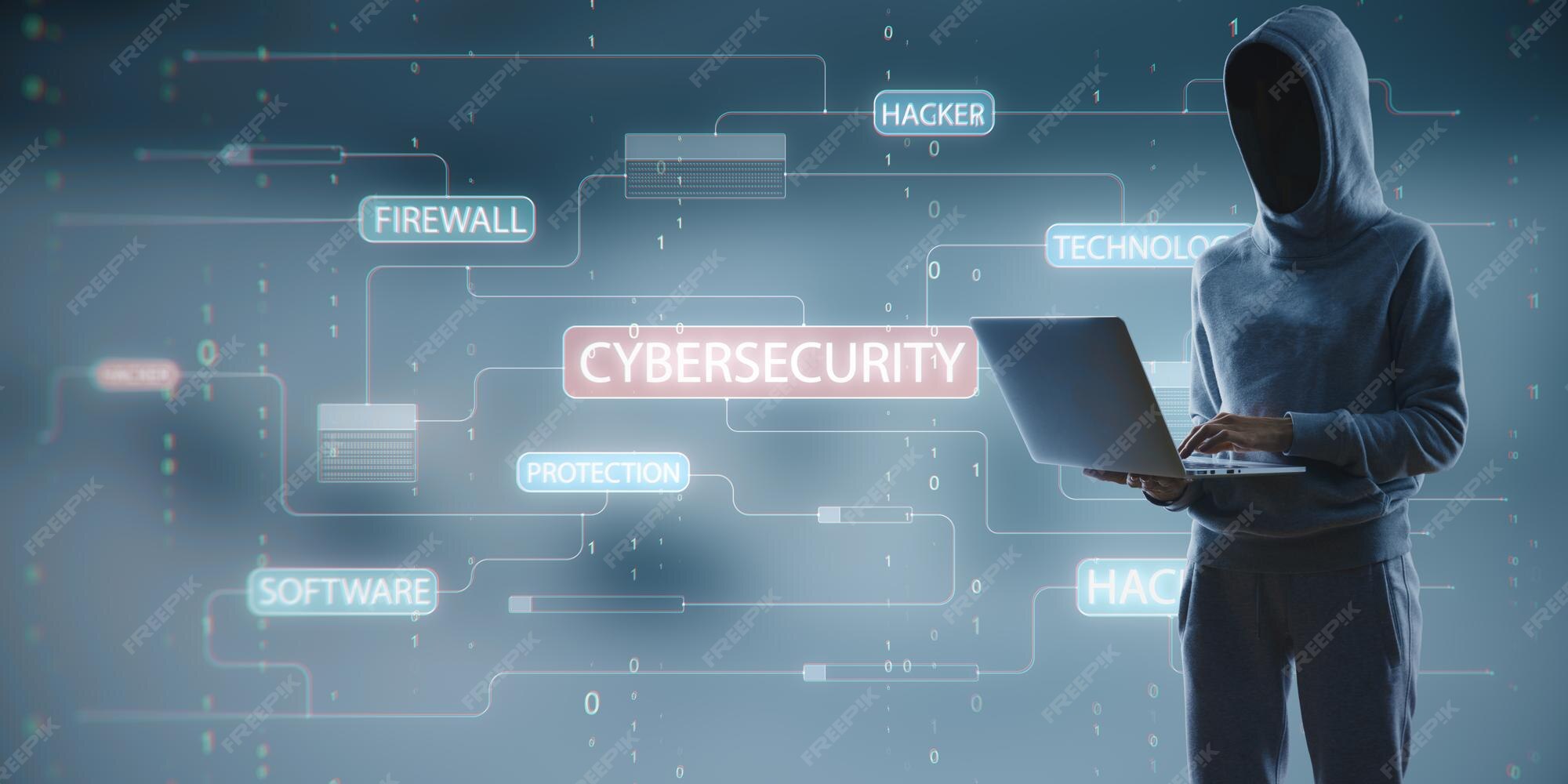 Premium Photo | Hacker standing and using laptop computer with glowing hacking hologram with ...