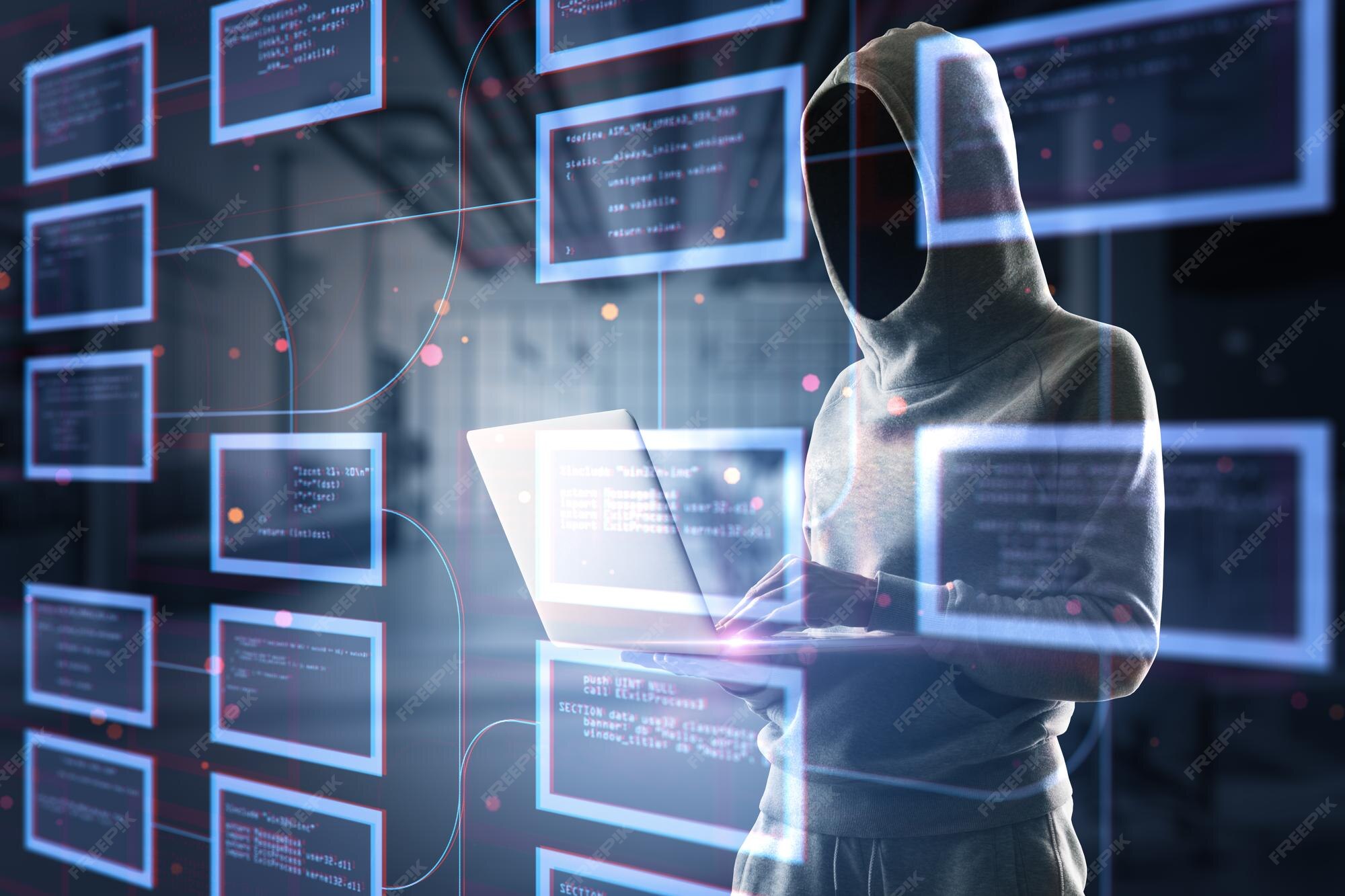 Premium Photo | Hacker standing and using laptop with abstract creative coding programming ...