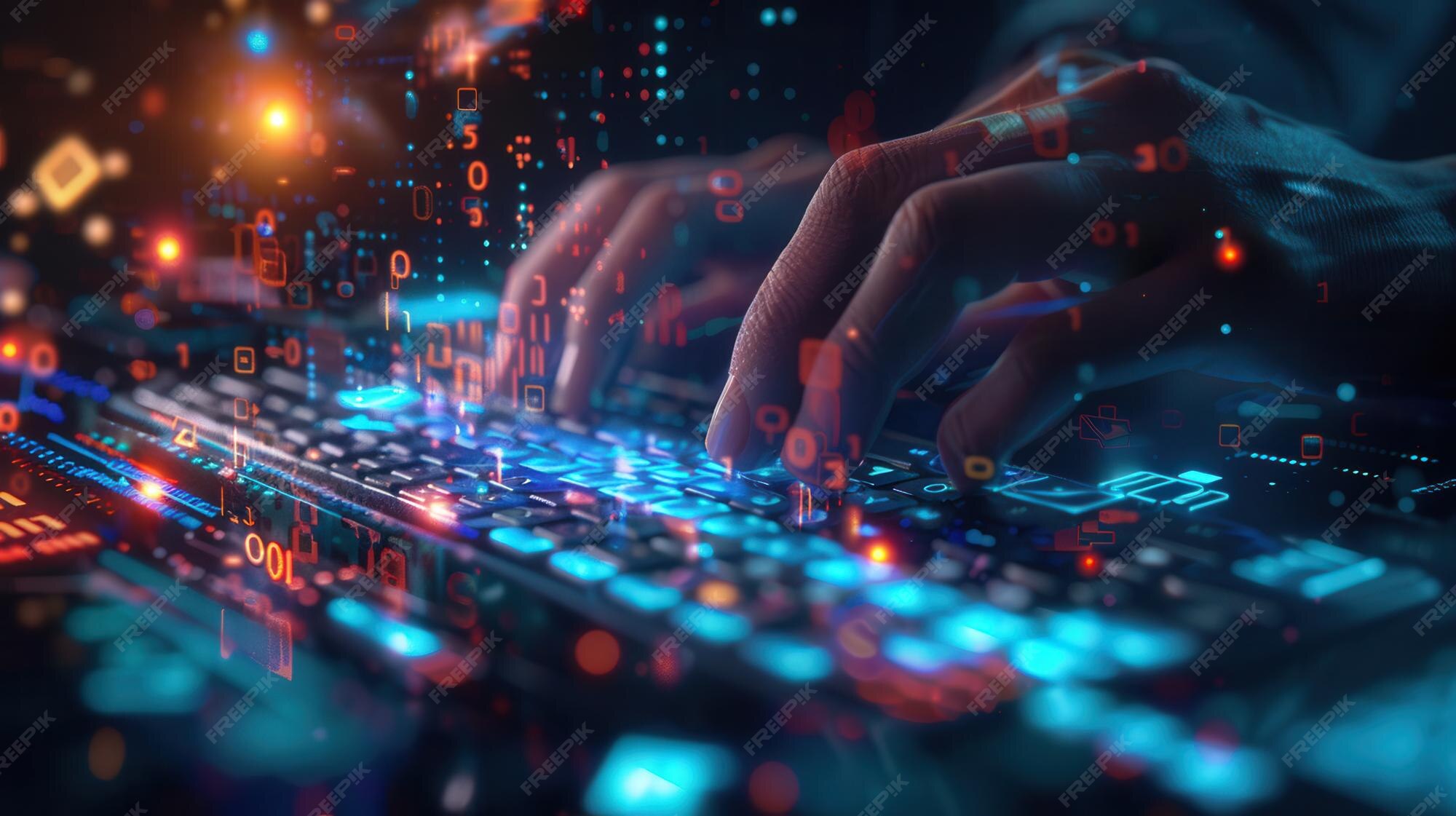 A hacker types quickly on a keyboard with glowing digital codes and ...
