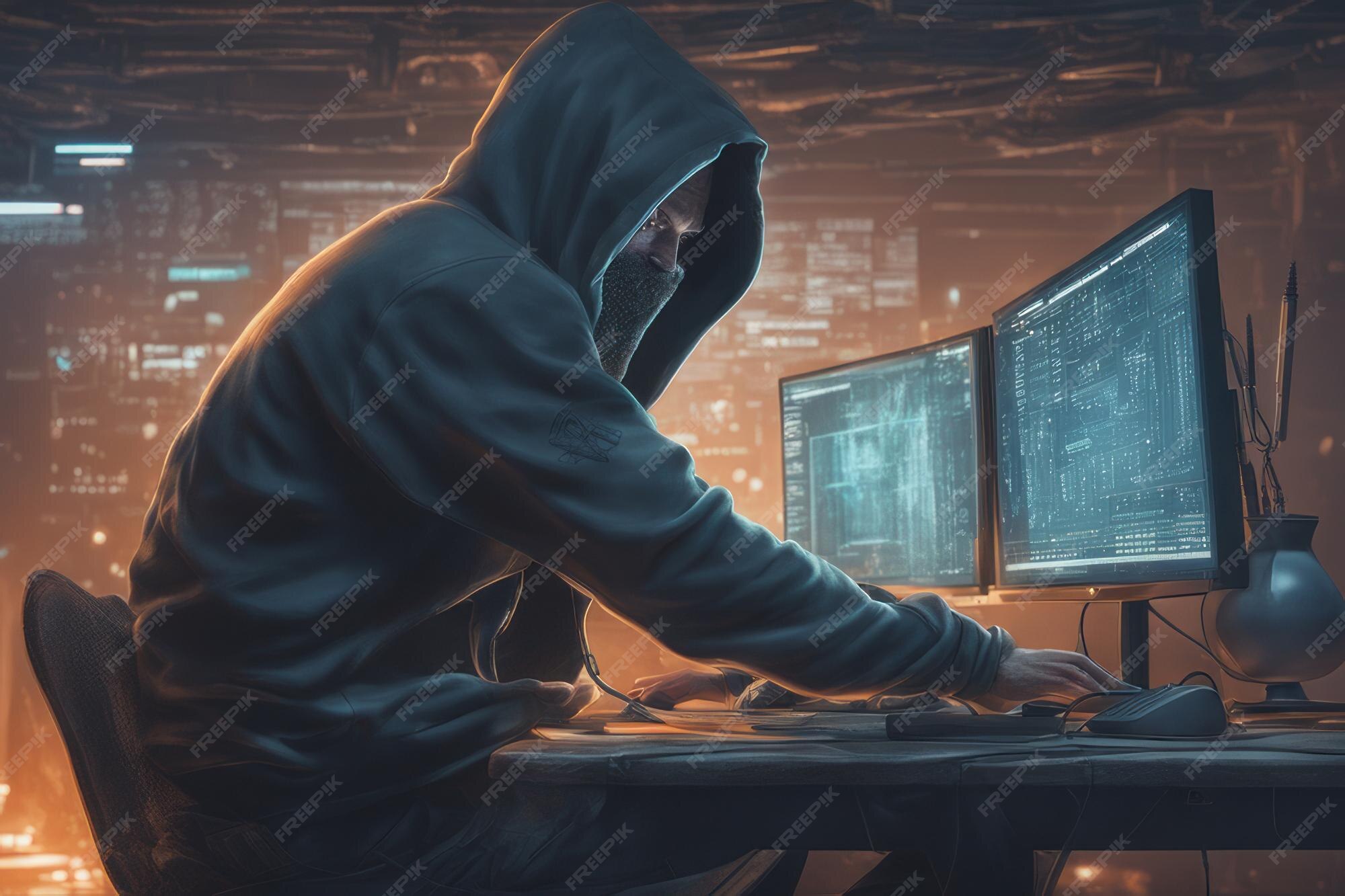 Premium AI Image | hacker using computer in a dark room cyber security data and hacking concept ...