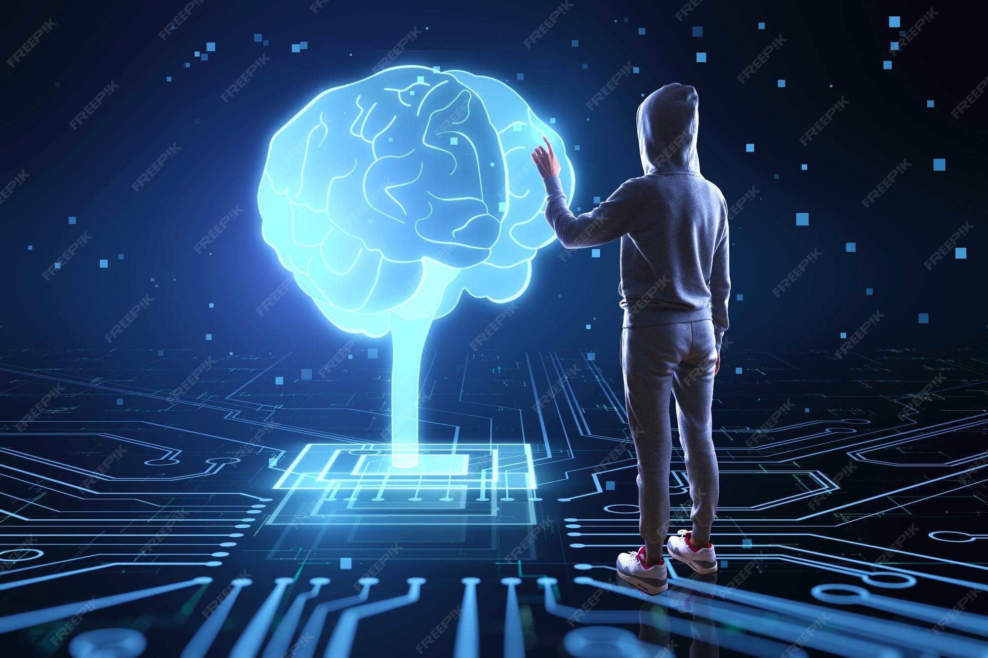 Premium Photo | Hacker using glowing circuit brain hologram on dark ...