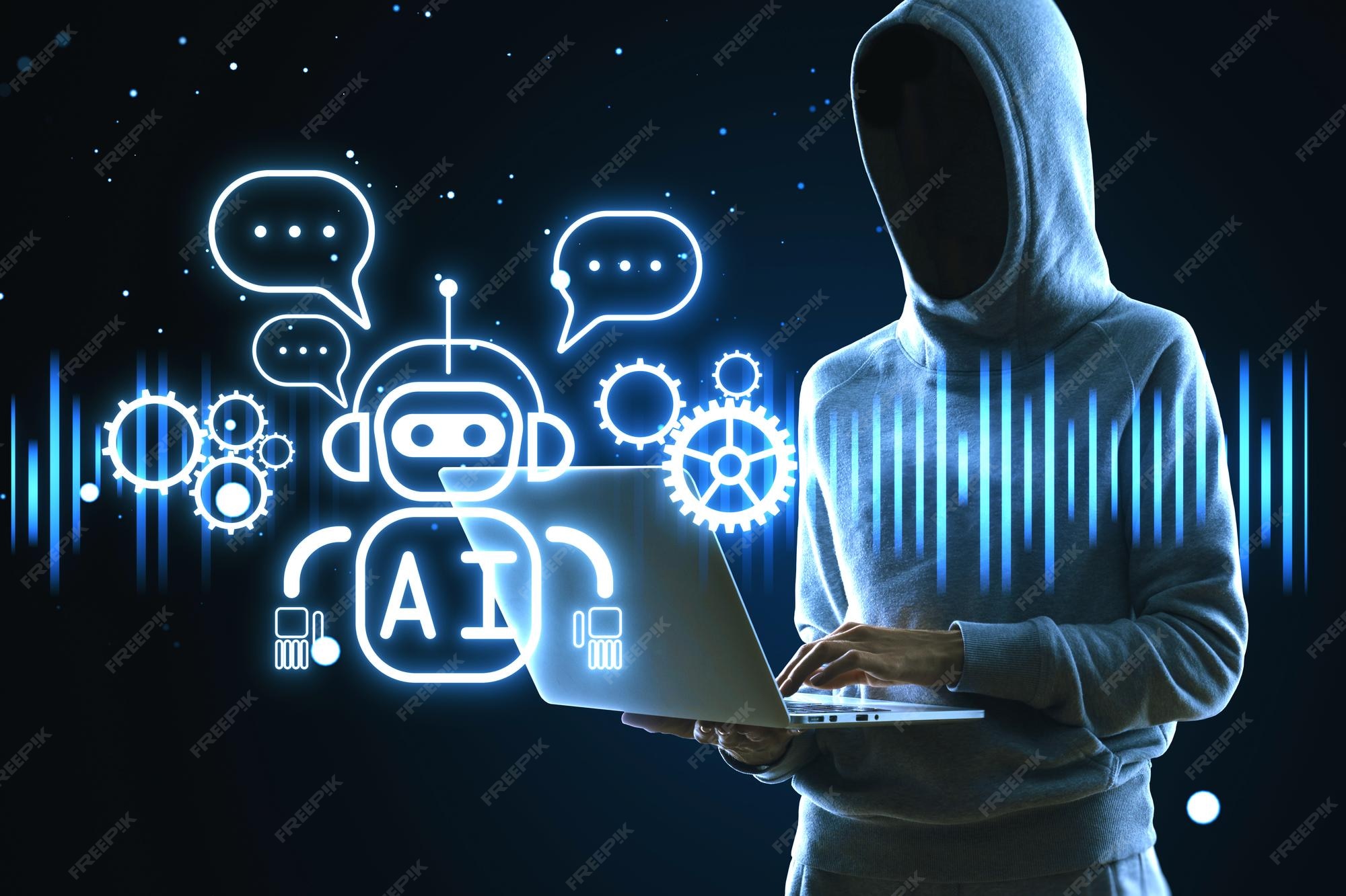 Premium Photo | Hacker using laptop with creative glowing robot ai hologram on dark background ...