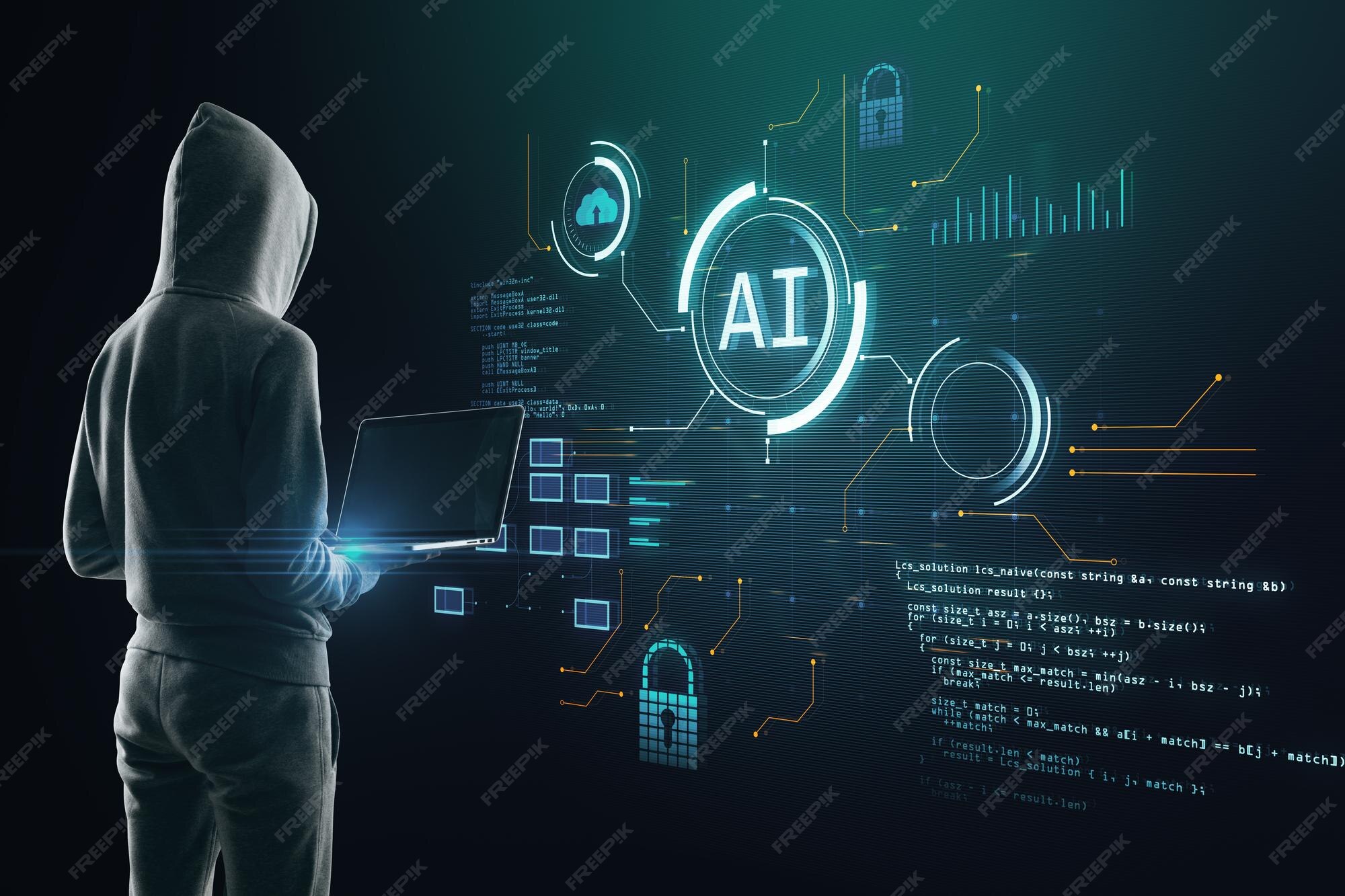 Premium Photo | Hacker using laptop with glowing blurry ai hologram ...