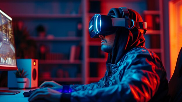 Premium Photo | Hacker wearing VR glasses sitting in front of the computer Premium Photo | Hacker wearing VR glasses sitting in front of the computer