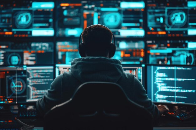 Premium Photo | Hacker at work with graphic user interface around ...