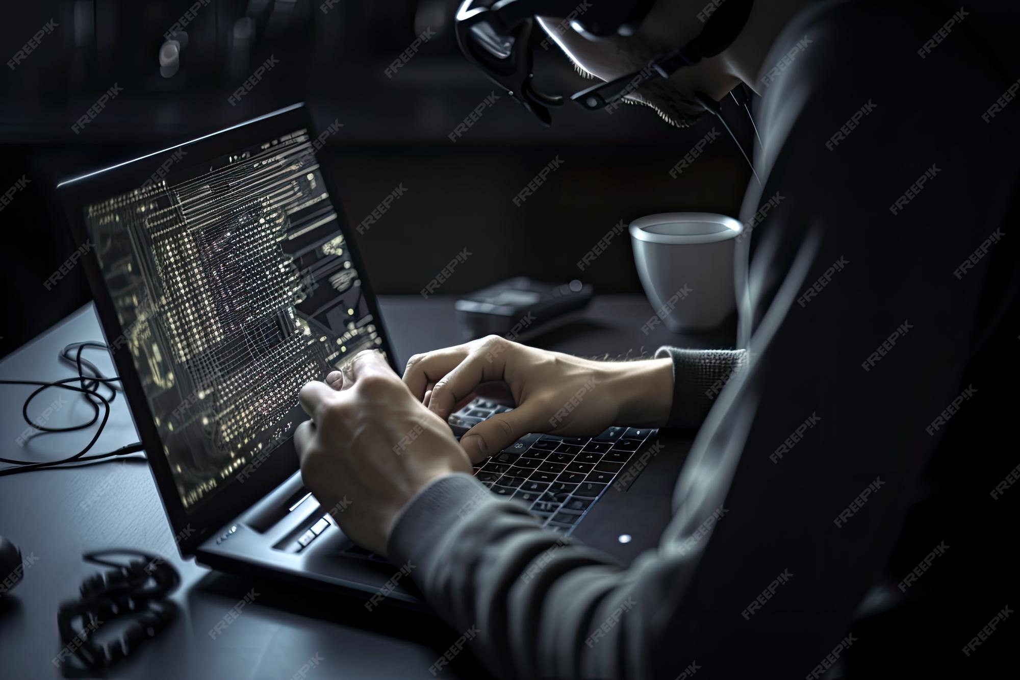 Premium AI Image | Hacker working on computer in dark office Cybercrime concept A programmers ...