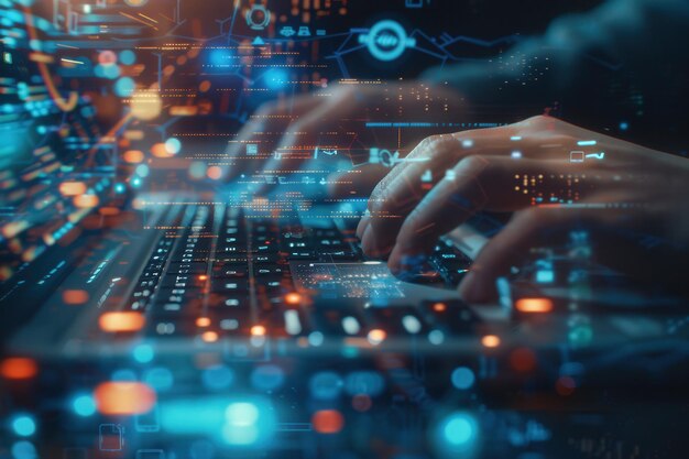 Premium Photo | A hacker39s hands move swiftly across the keyboard surrounded by glowing digital ...