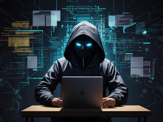 Hacking and attack concept Hacker using abstract laptop with binary code digital interface ...