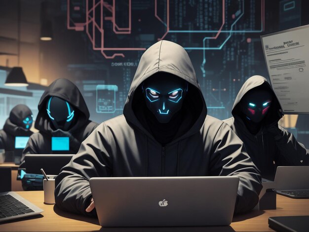 Hacking and malware concept Faceless hacker using abstract laptop with binary code digital ...