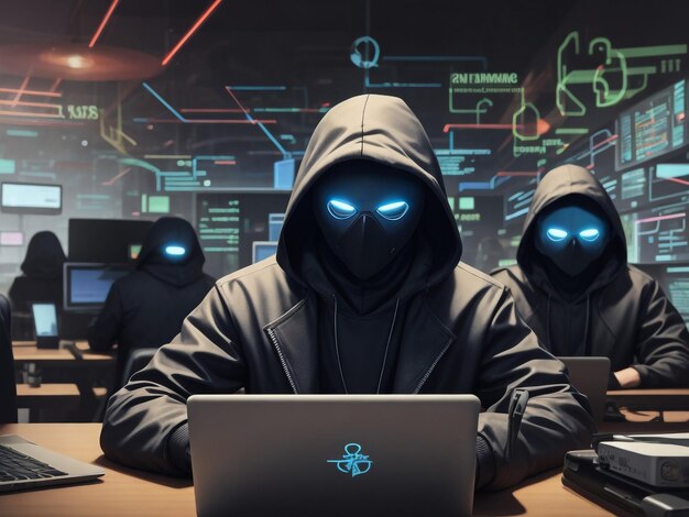 Hacking and malware concept Faceless hacker using abstract laptop with ...
