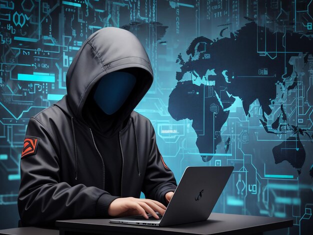 Hacking and malware concept Faceless hacker using abstract laptop with binary code digital ...