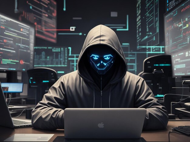 Hacking and malware concept Faceless hacker using abstract laptop with binary code digital ...