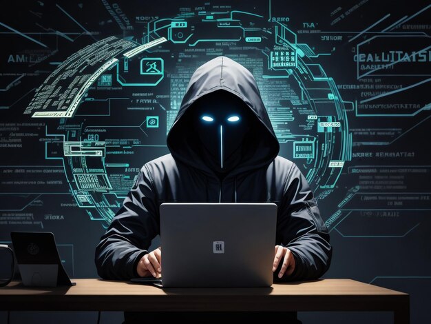 Premium Photo | Hacking and malware concept Faceless hacker using abstract laptop with binary ...