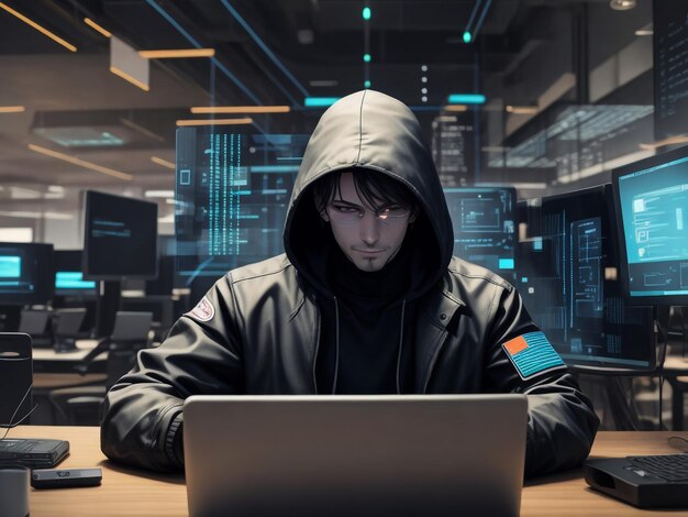 Premium Ai Image Hacking And Malware Concept Faceless Hacker Using Abstract Laptop With Binary