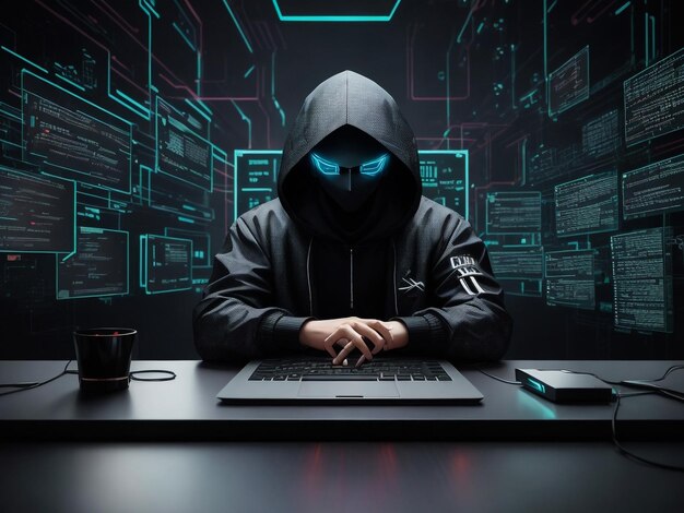 Hacking and malware concept Faceless hacker using abstract laptop with binary code digital ...