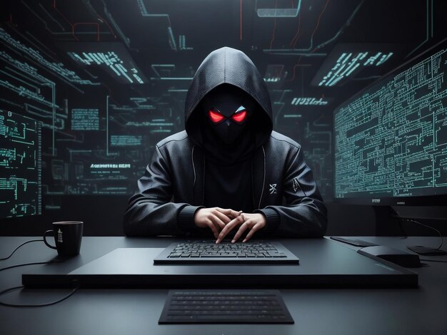 Hacking and malware concept Faceless hacker using abstract laptop with binary code digital ...