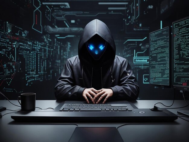 Hacking and malware concept Faceless hacker using abstract laptop with binary code digital ...