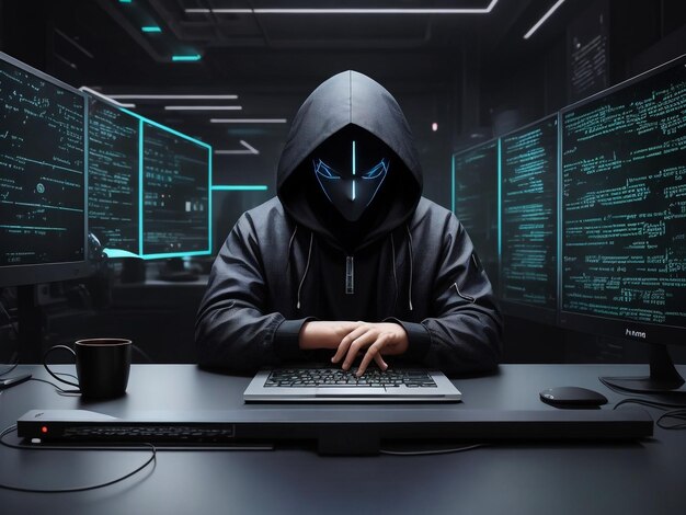 Premium Photo | Hacking and malware concept Faceless hacker using abstract laptop with binary ...