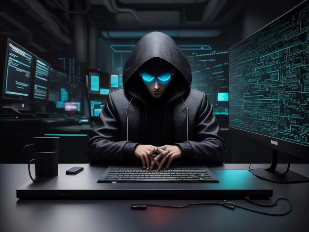 Hacking and malware concept Faceless hacker using abstract laptop with binary code digital ...